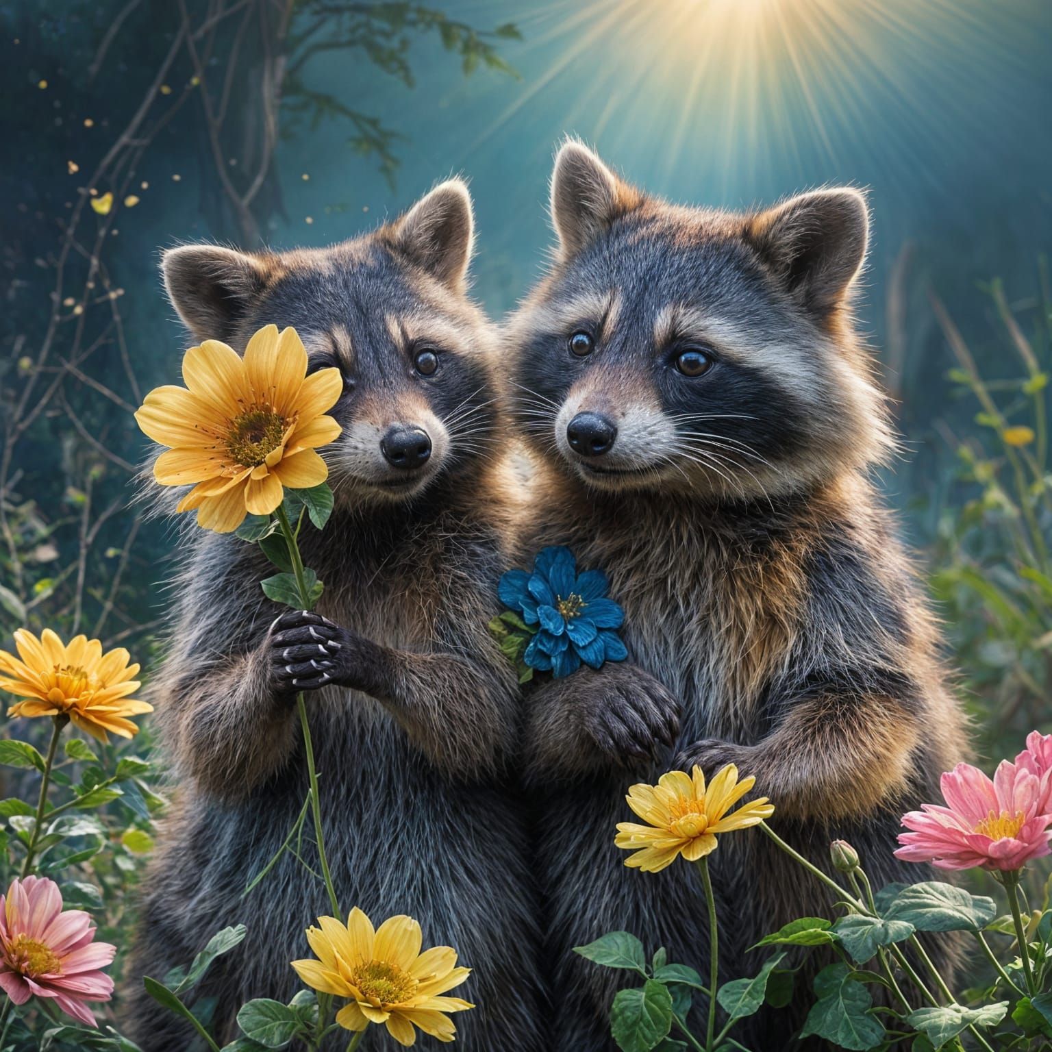 Vibrant Watercolor Raccoons in Love - AI Art