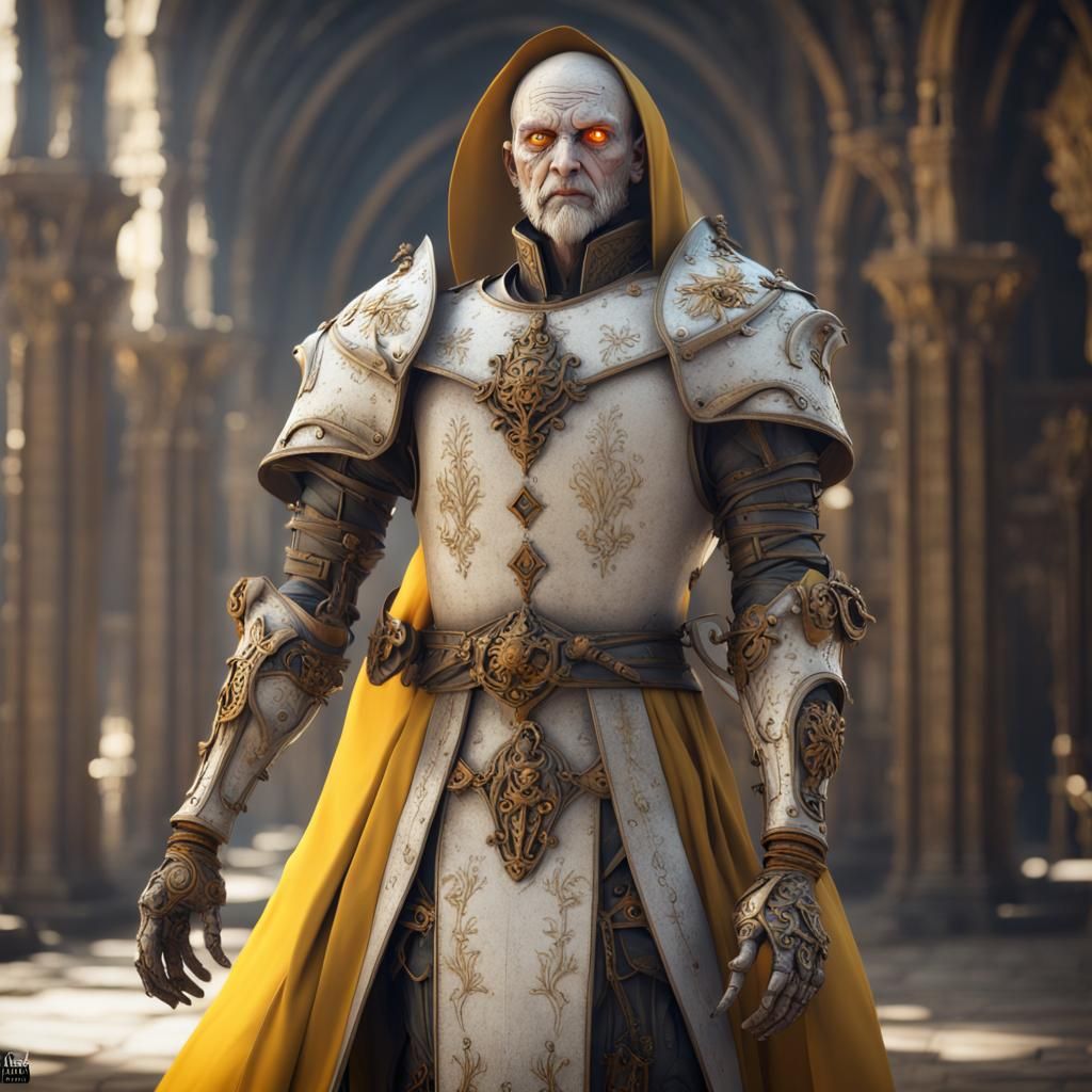 male Humanoid automaton made of white iron, yellow eyes, a medieval ...