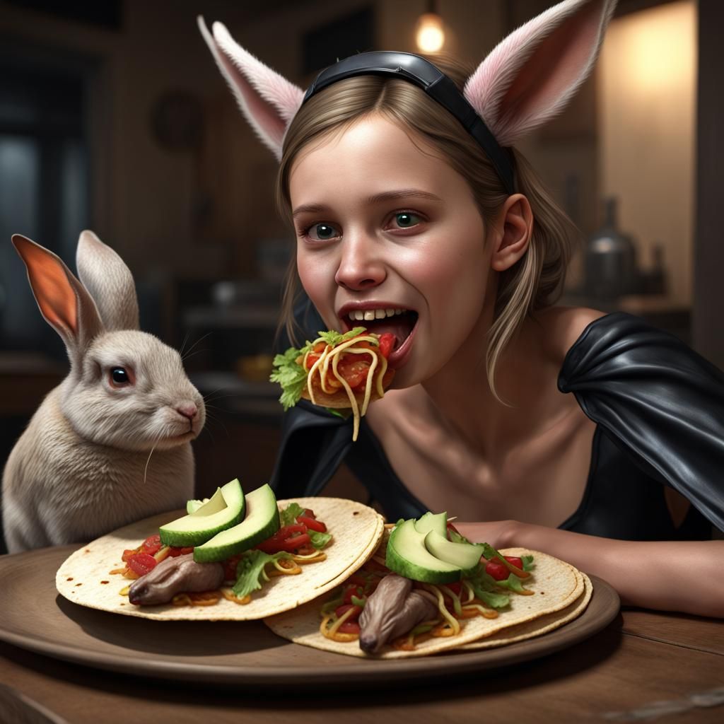 Bat Girl eating rabbit tacos, 8K resolution hyperrealism - AI Generated Artwork - NightCafe Creator