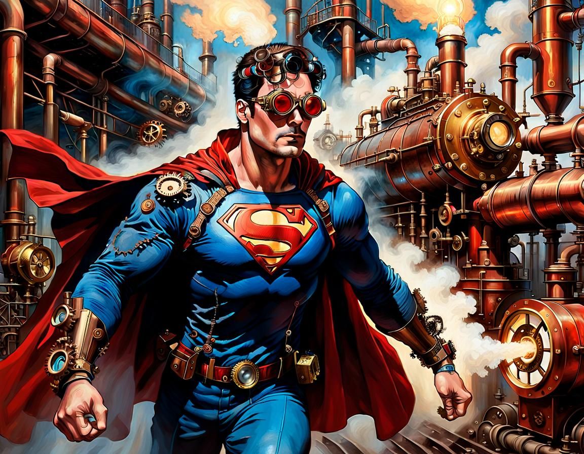 Steampunk Superman in a steampunk industrial complex.