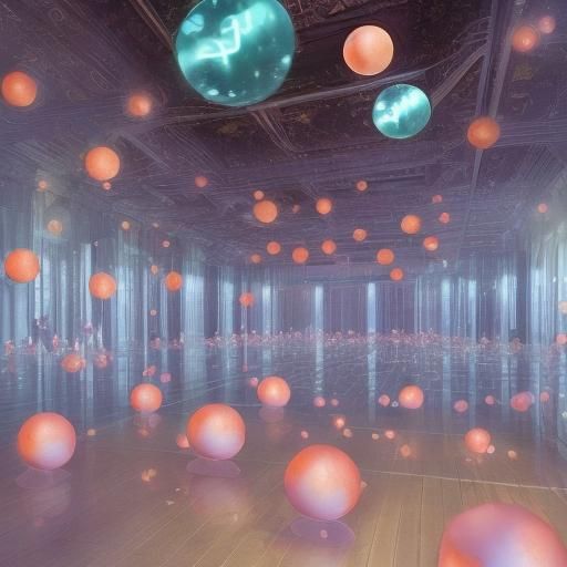 A beautiful room full of floating orbs and a woman in the middle ...