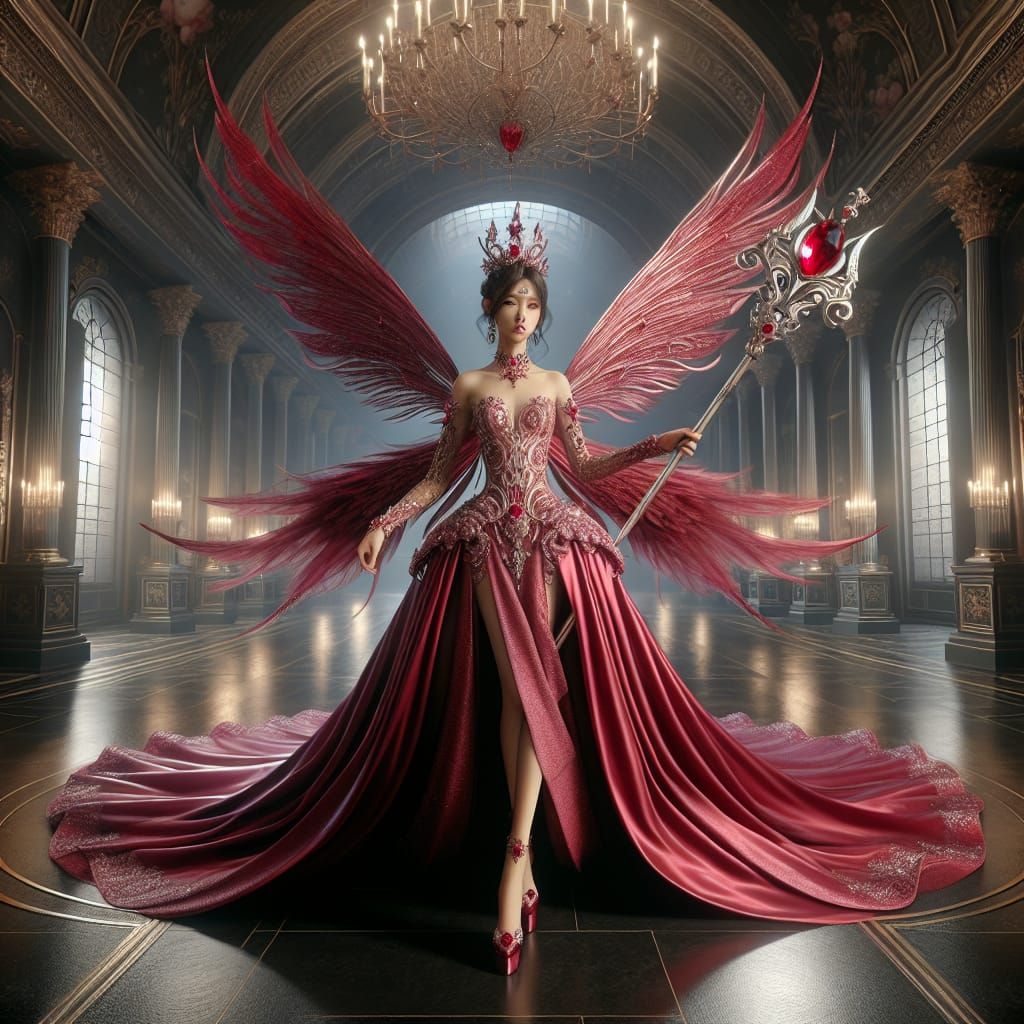 The image is of a woman dressed in a crimson ball gown with a silver ...