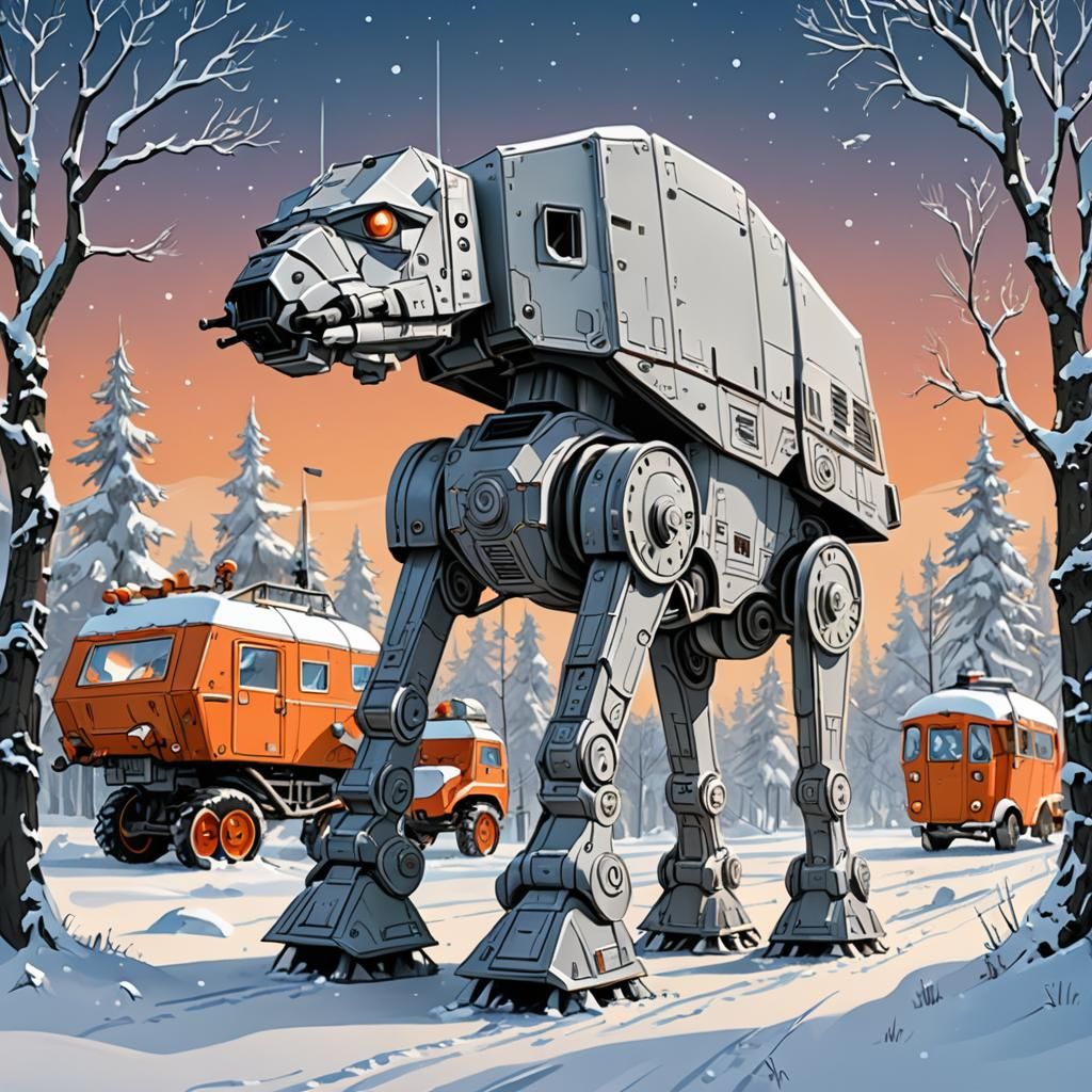 "Create a whimsical cartoon depicting an AT-AT Walker from the Star ...
