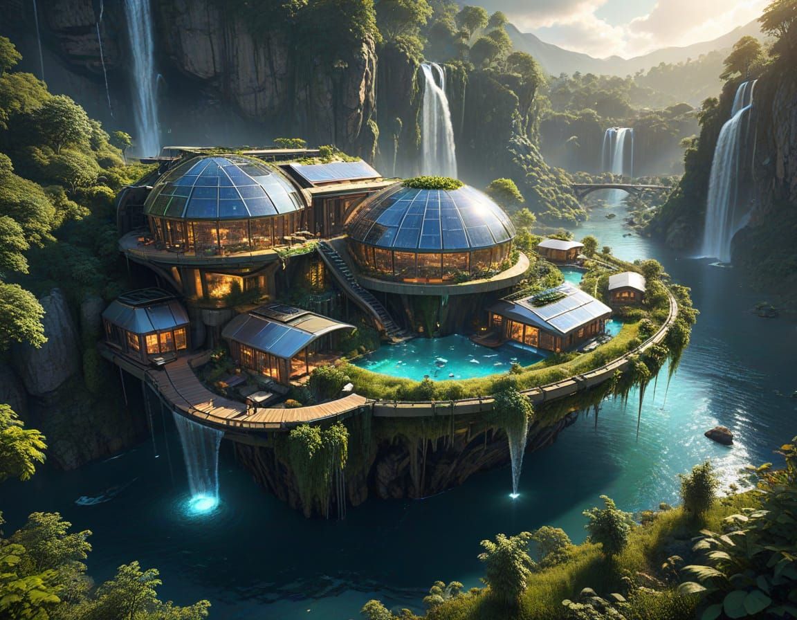 Floating Solarpunk Settlement - Ethereal Solarpunk Oasis
