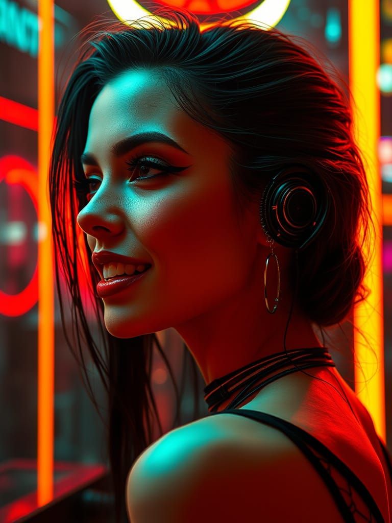 Cyberpunk Vampire Goddess in Futuristic Lounge Bar - AI Art