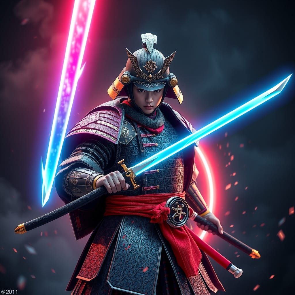 ukiyo-e, Renaissance - Surreal Samurai Warrior in Neon Renai...