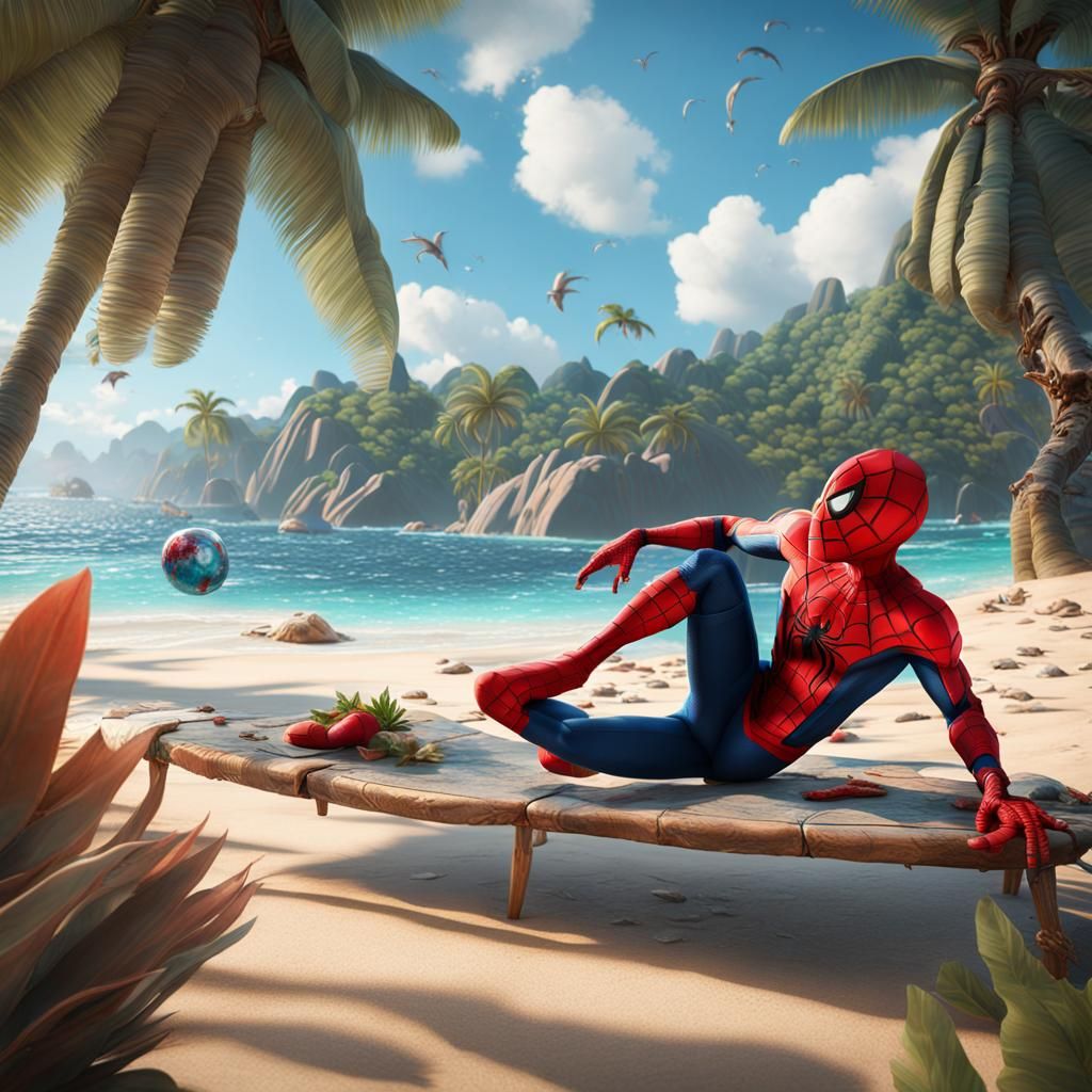 Spiderman on vacation at a beautiful tropical beach - AI Generated ...