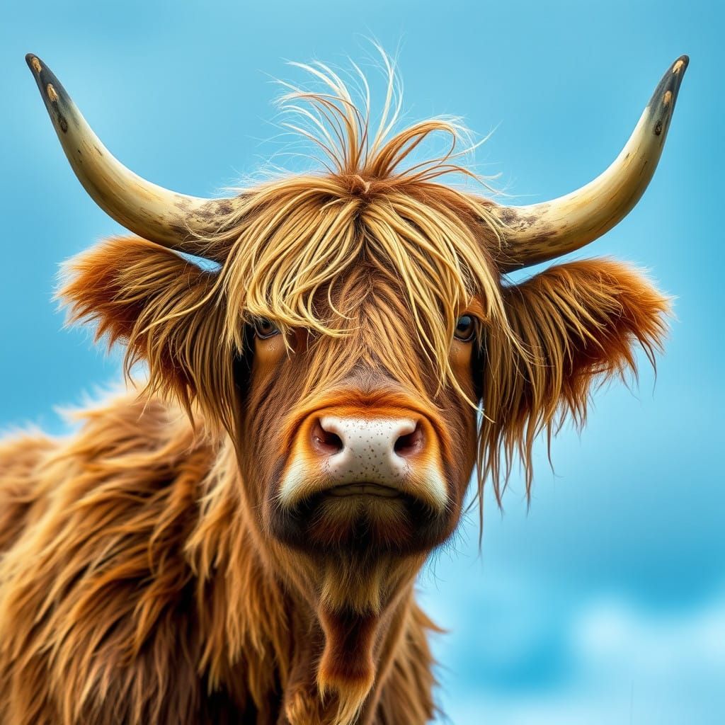 A rugged and wild Scottish long horn cow, its shaggy hair blowing in ...