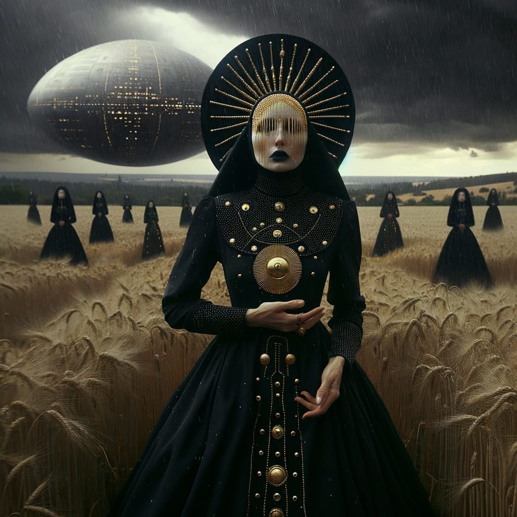 Mysterious Woman in Black Dress, Surrounded by Whe... - AI Art