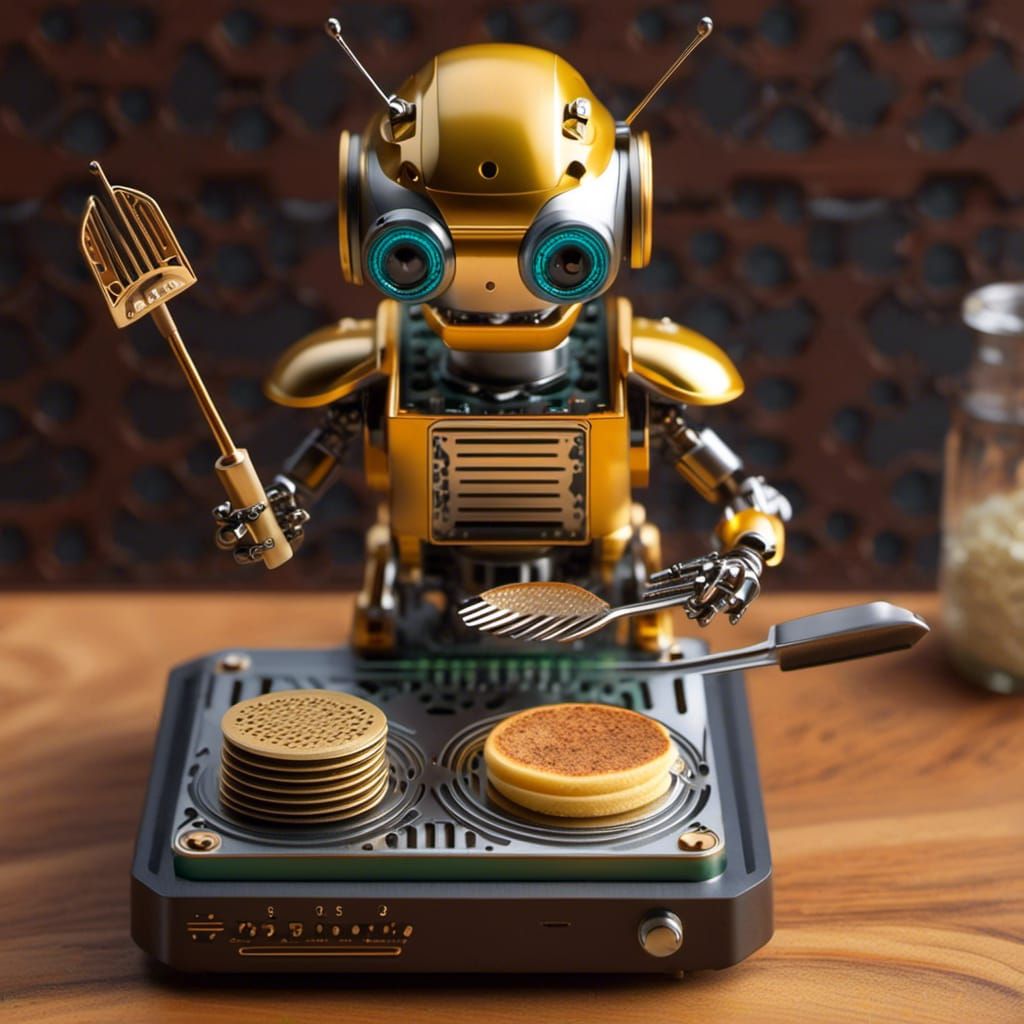 A chef-style nanobot cooking on a matchbox stove, flipping a crumb ...