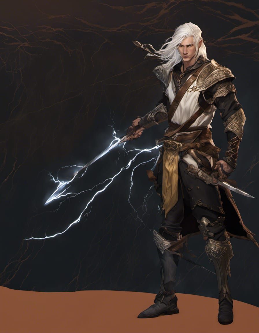 Male Elf Ranger with long white hair, wielding two longswords wrapped in lightning. - AI ...