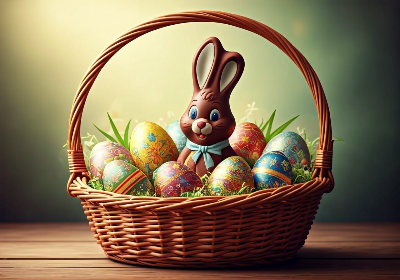 easter basket, easter eggs, chocolate easter bunny
