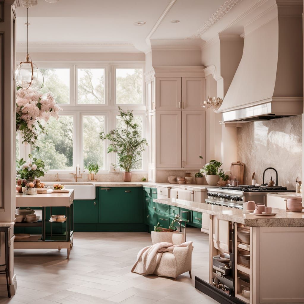 Elegant Ivory White Kitchen with Old Pink Accents ... - AI Art