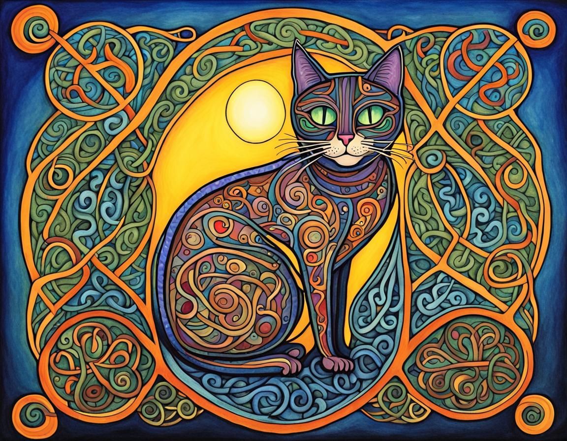 A cat, couchant | in the style of the Book of Kells, illuminated art ...