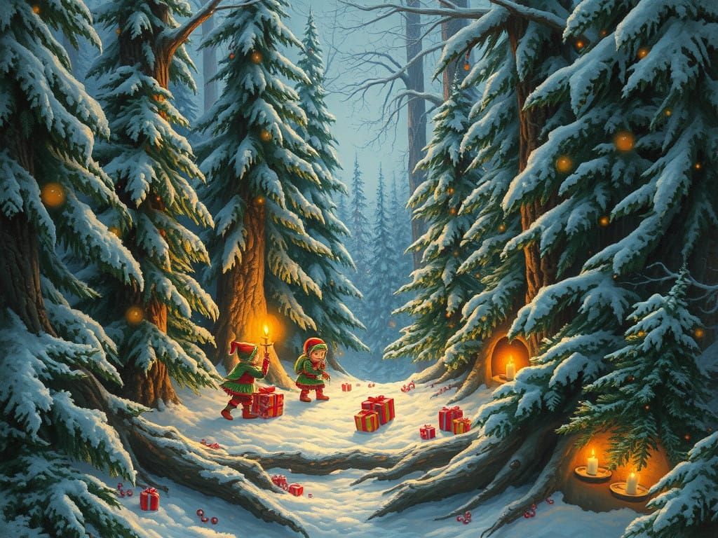 Whimsical Christmas Elves in an Enchanted Snowy Fo... - AI Art
