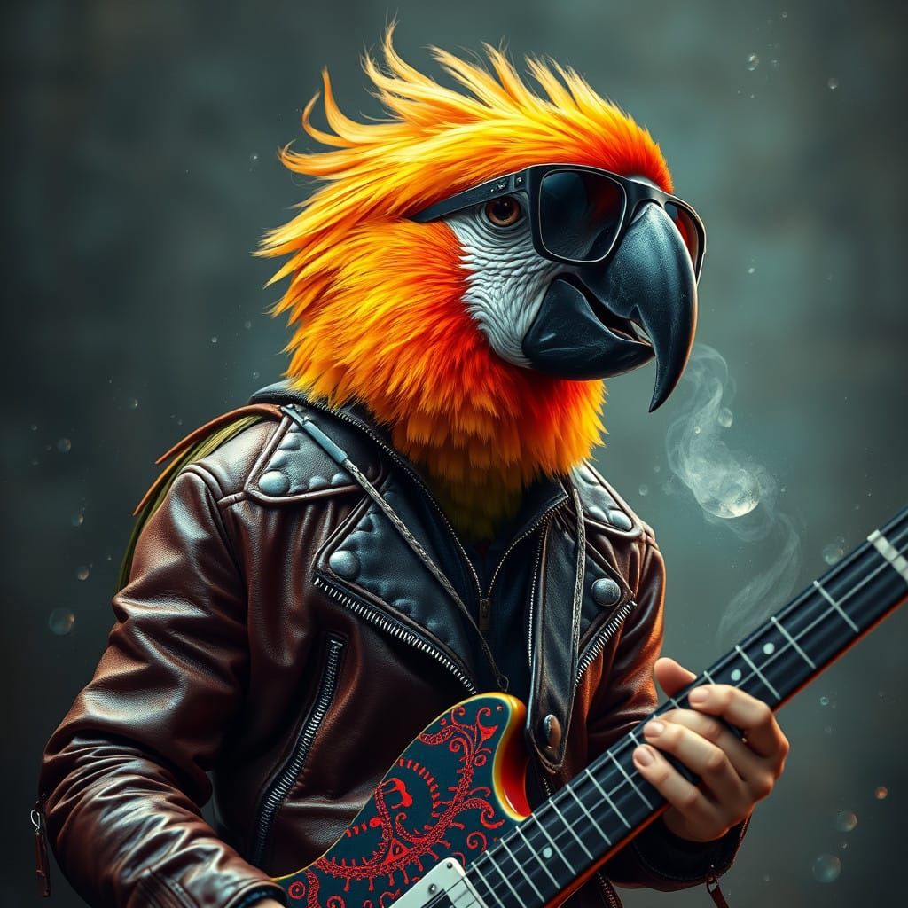 Realistic oil painting. A parrot dressed in a rocker-style leather ...