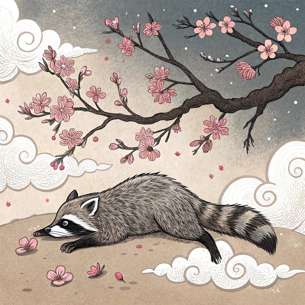 raccoon - Surreal Raccoon Landscape in Traditional Japanese ...