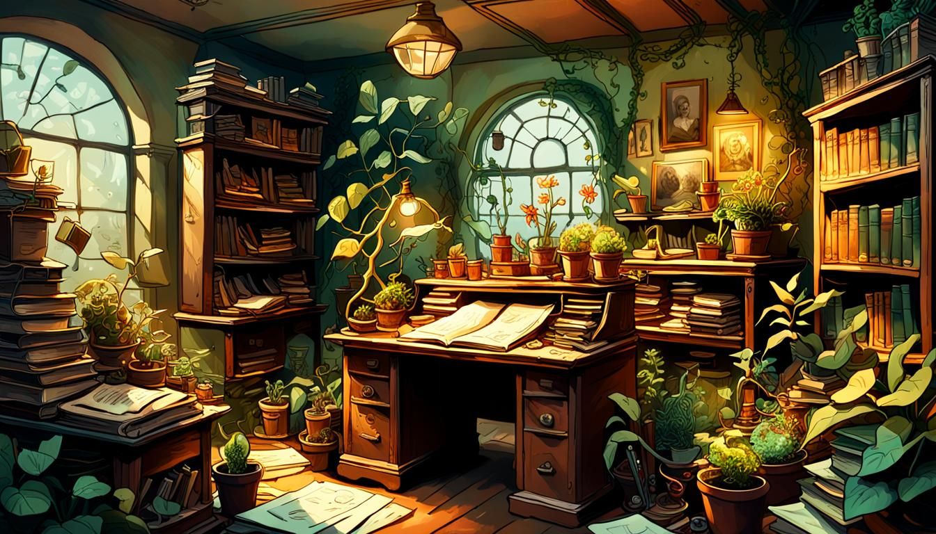 Cluttered Office - Study of Ancient Knowledge in a Whimsical...