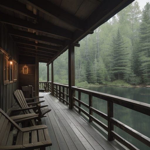 The View - Rustic Cabin Scene with Pond and Trees