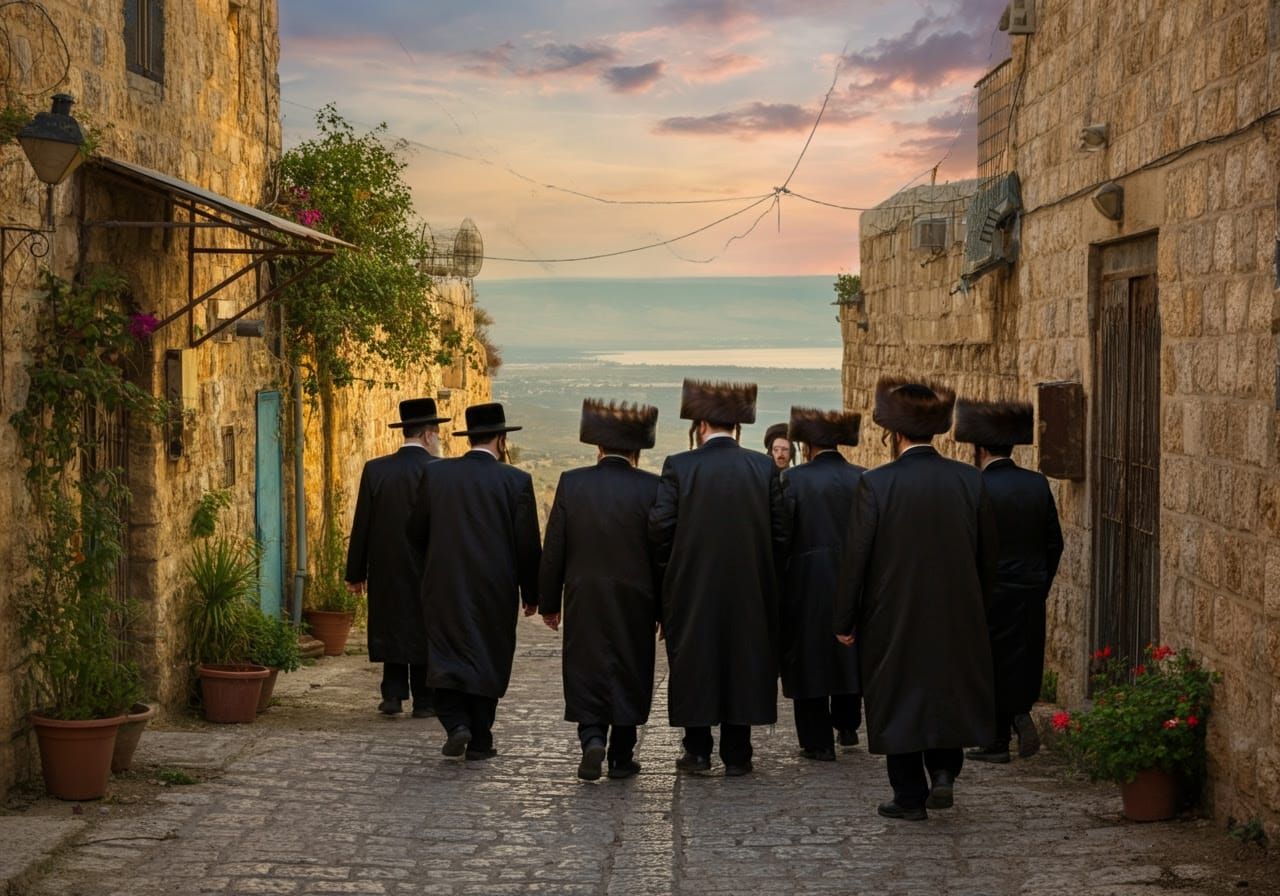 Traditional Hasidic Men Walk in Harmony on a Quain... - AI Art