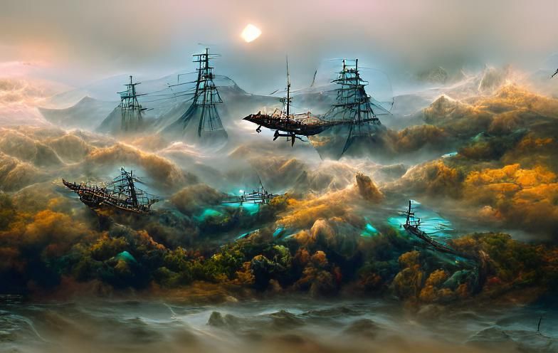 Dieselpunk Pirates sail through the toxic mist in their magical flying ...