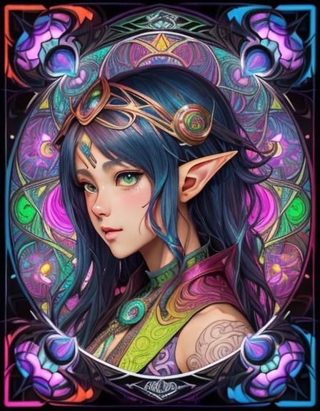 Hyper detailed cubist psychedelic artwork of elf as a charming villain ...
