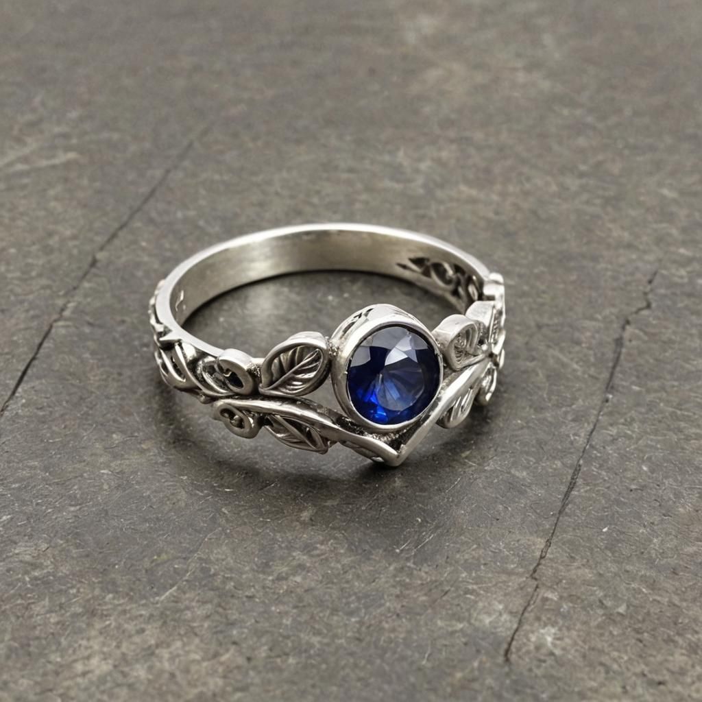 Elven Ring, leaf work, intricate, silver, large brilliant blue sapphire ...