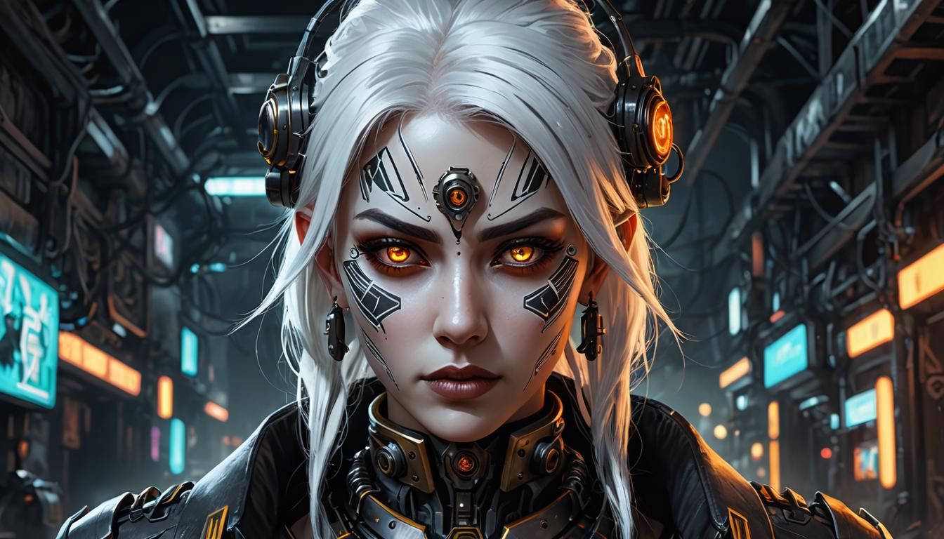 Cybernetic humanoid female, human face, white hair, neon attachments ...