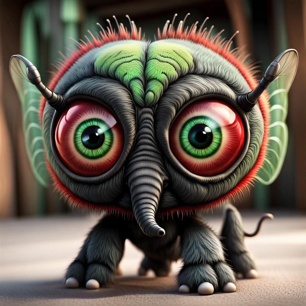 A fuzzy red, black and green insect with a human eye, elephant insect ...