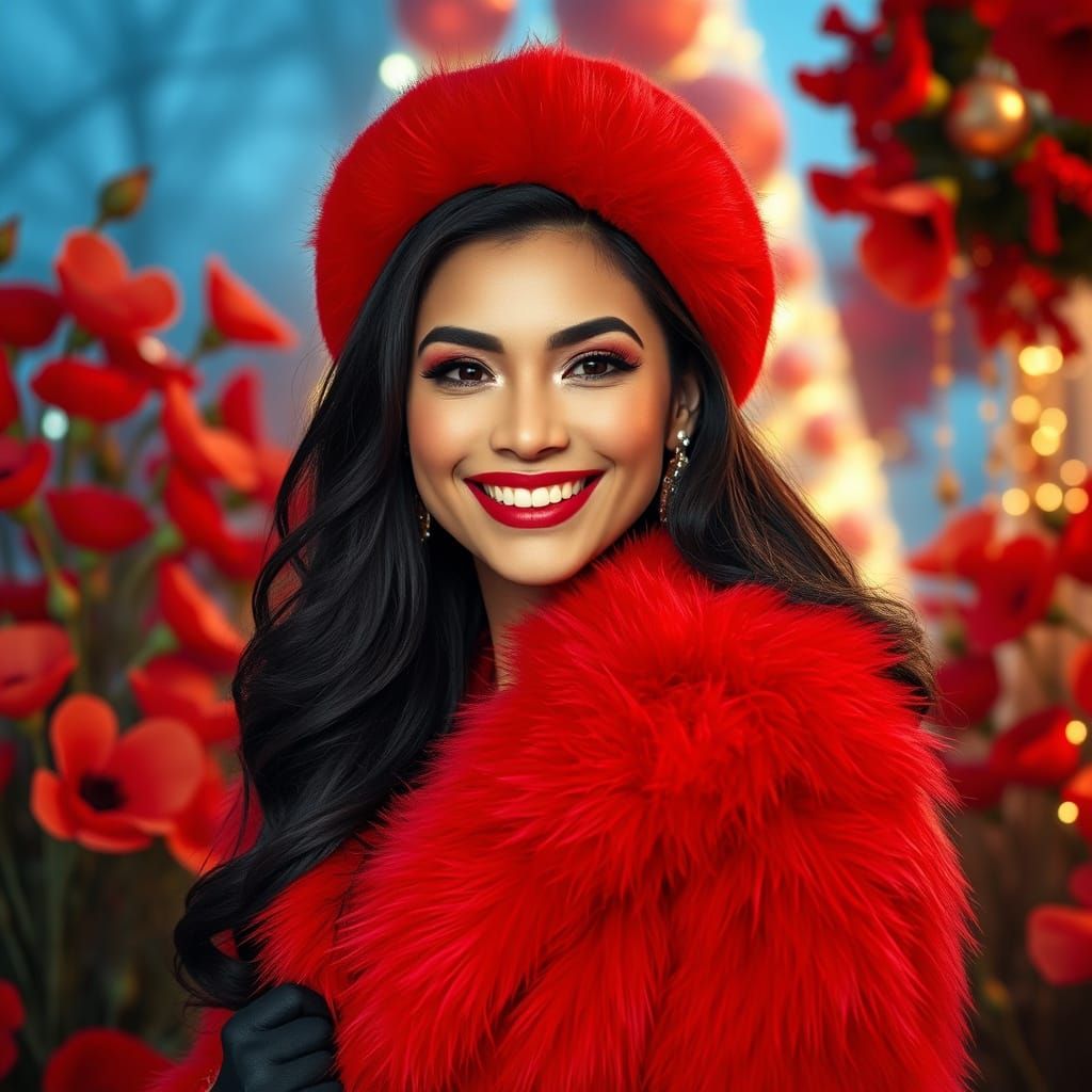 18 year old latino woman with long black hair in red ruby Christmas ...