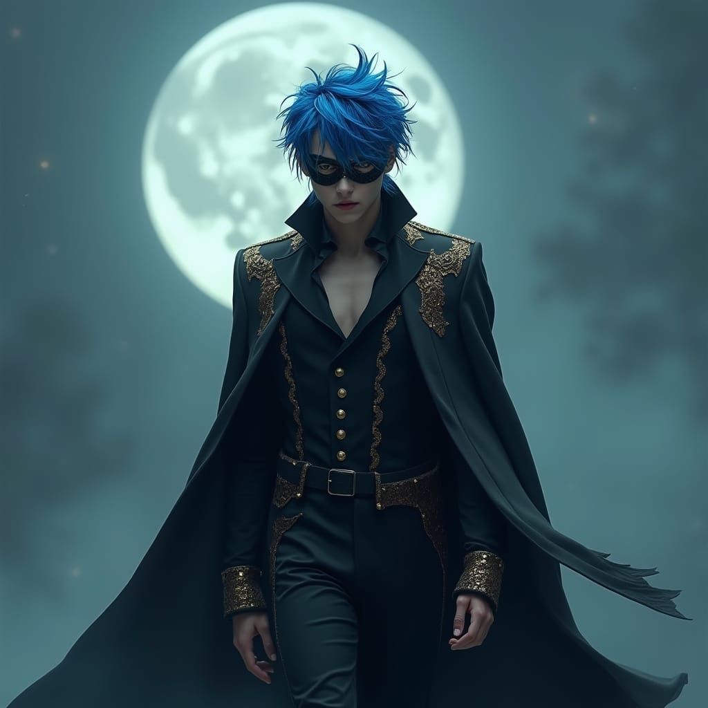 Under the Moonlight - Dreamy Blue-Haired Hero Under Etherea...