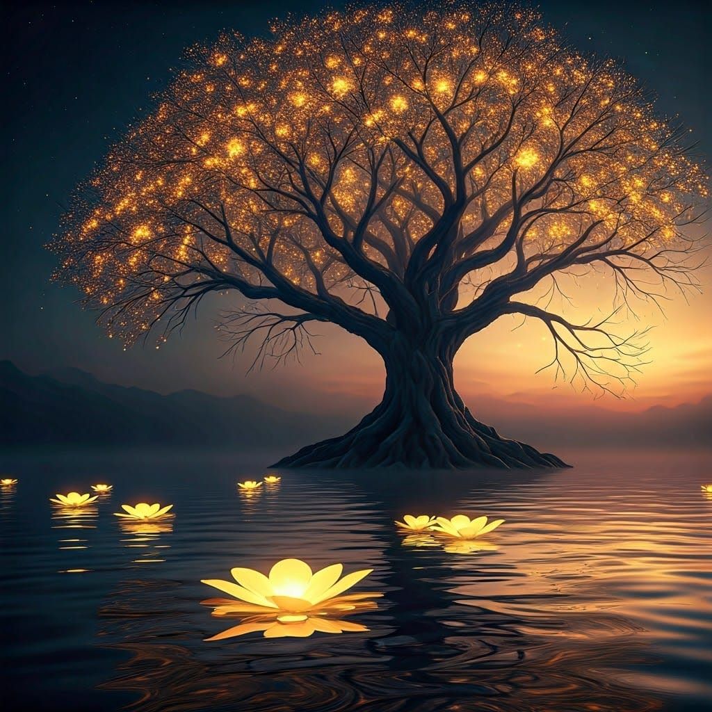 Whispering Watercolors: Ancient Tree Glows Under S... - AI Art