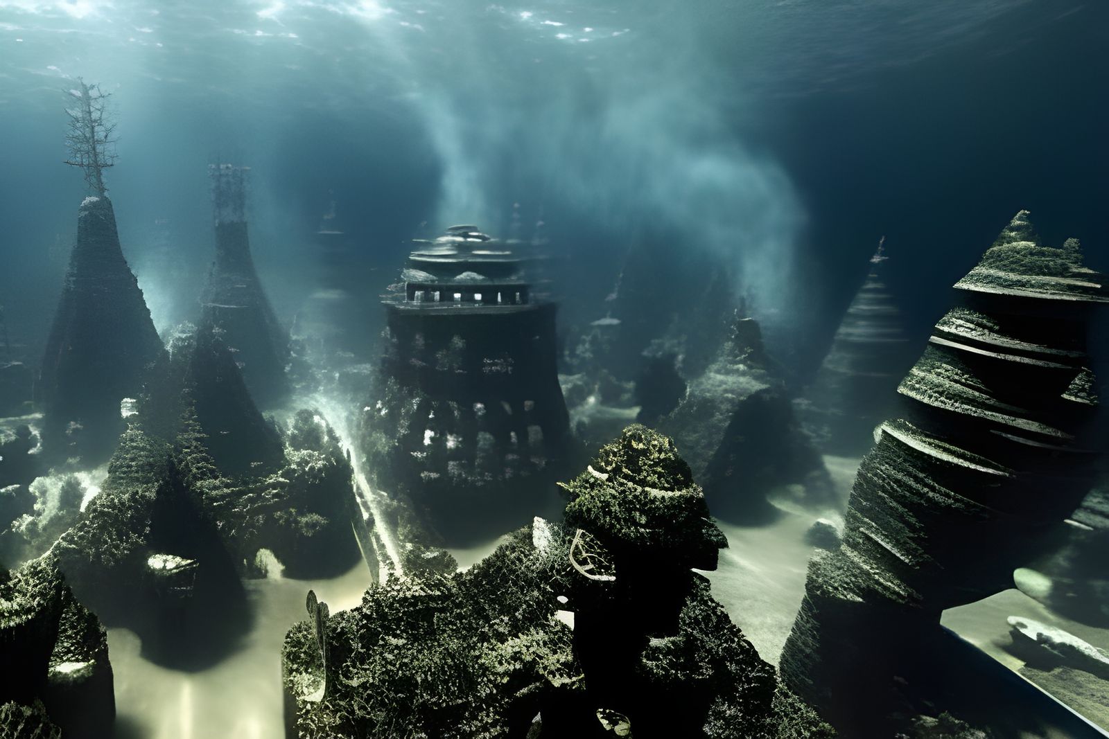 underwater photo of a postapocalyptic cathedral, water surface ...