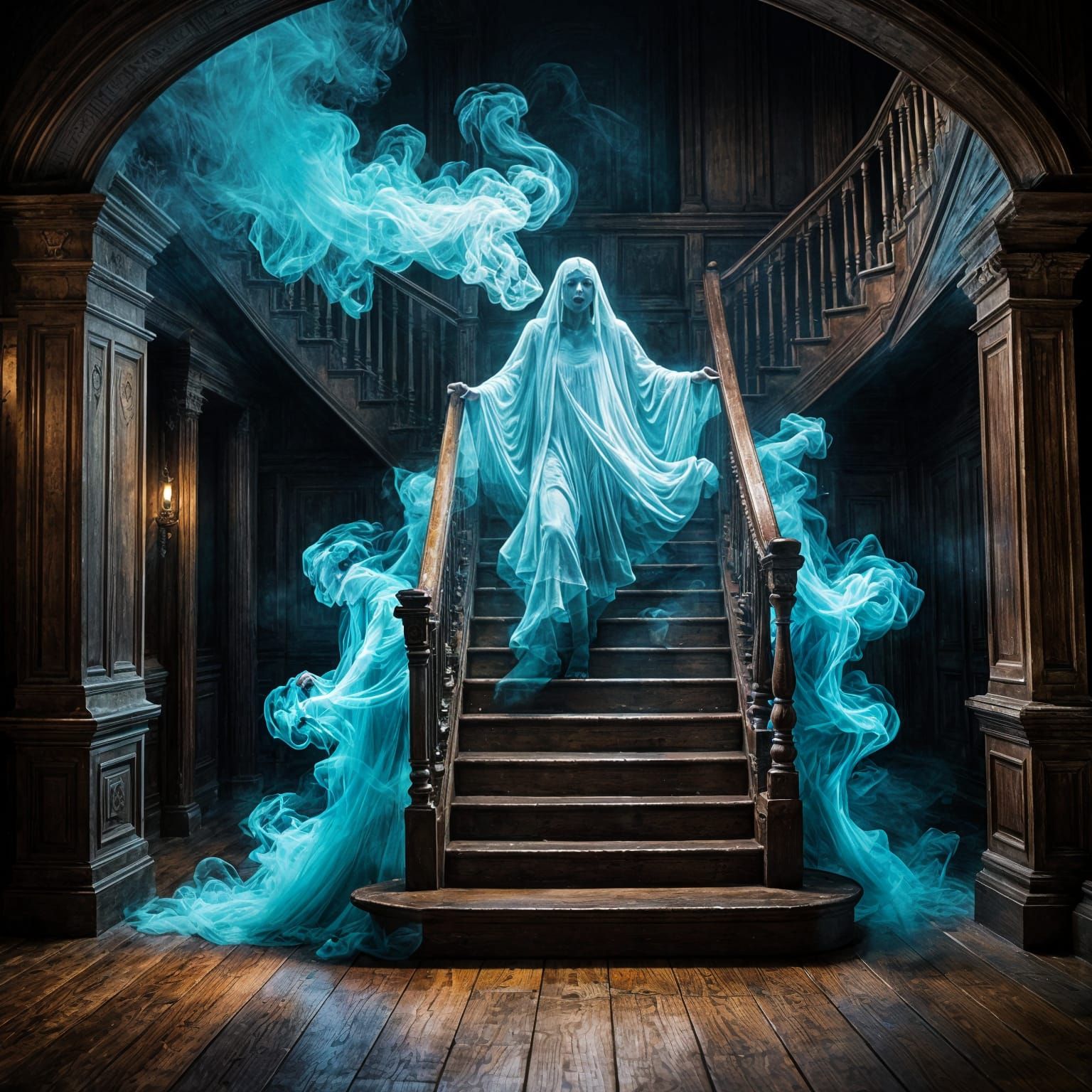 Spectre - Ethereal Hologram Descends Dark Staircase in Neon...