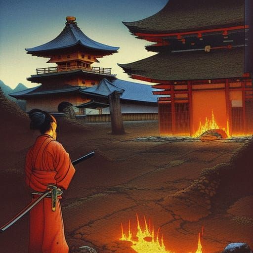 Japanese village setting on fire with a samurai holding a katana ...