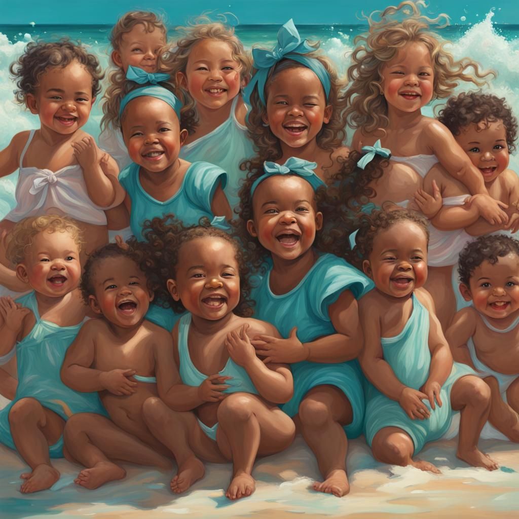 turquoise waves on beach bringing in 100 tiny human babies of all races ...