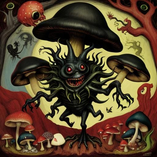 Dark Sinister Fantasy Mushroom Monster with eyes, mouth and limbs ...