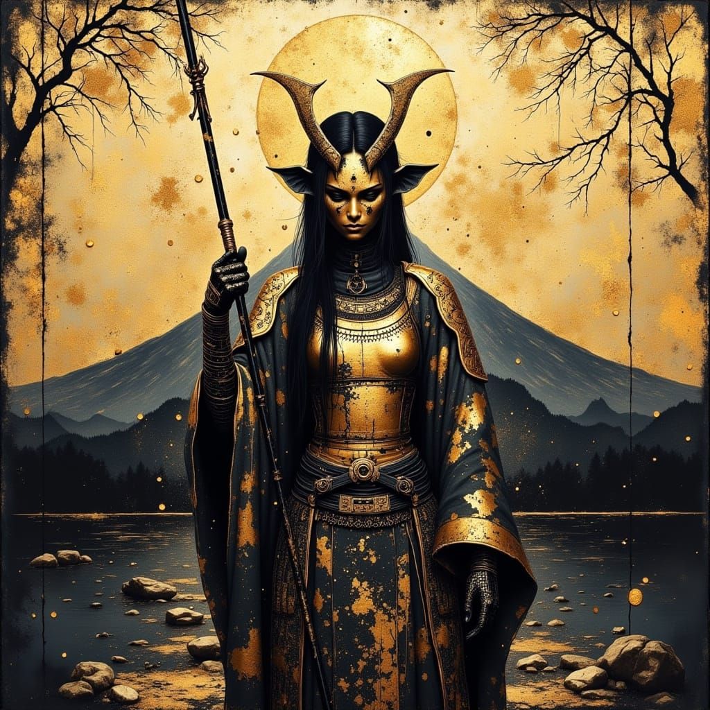 Oni - Golden Samurai Goddess on Mount Fuji in Kintsugi Style