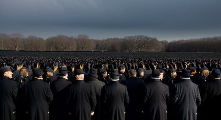 Gangsters in Black: A Field of Crows in Fedora Hat... - AI Art