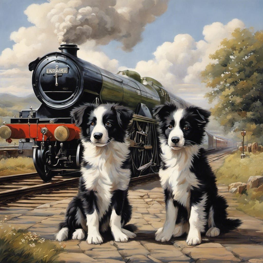 Cute Border Collie puppies with Flying Scotsman Train - AI Generated ...