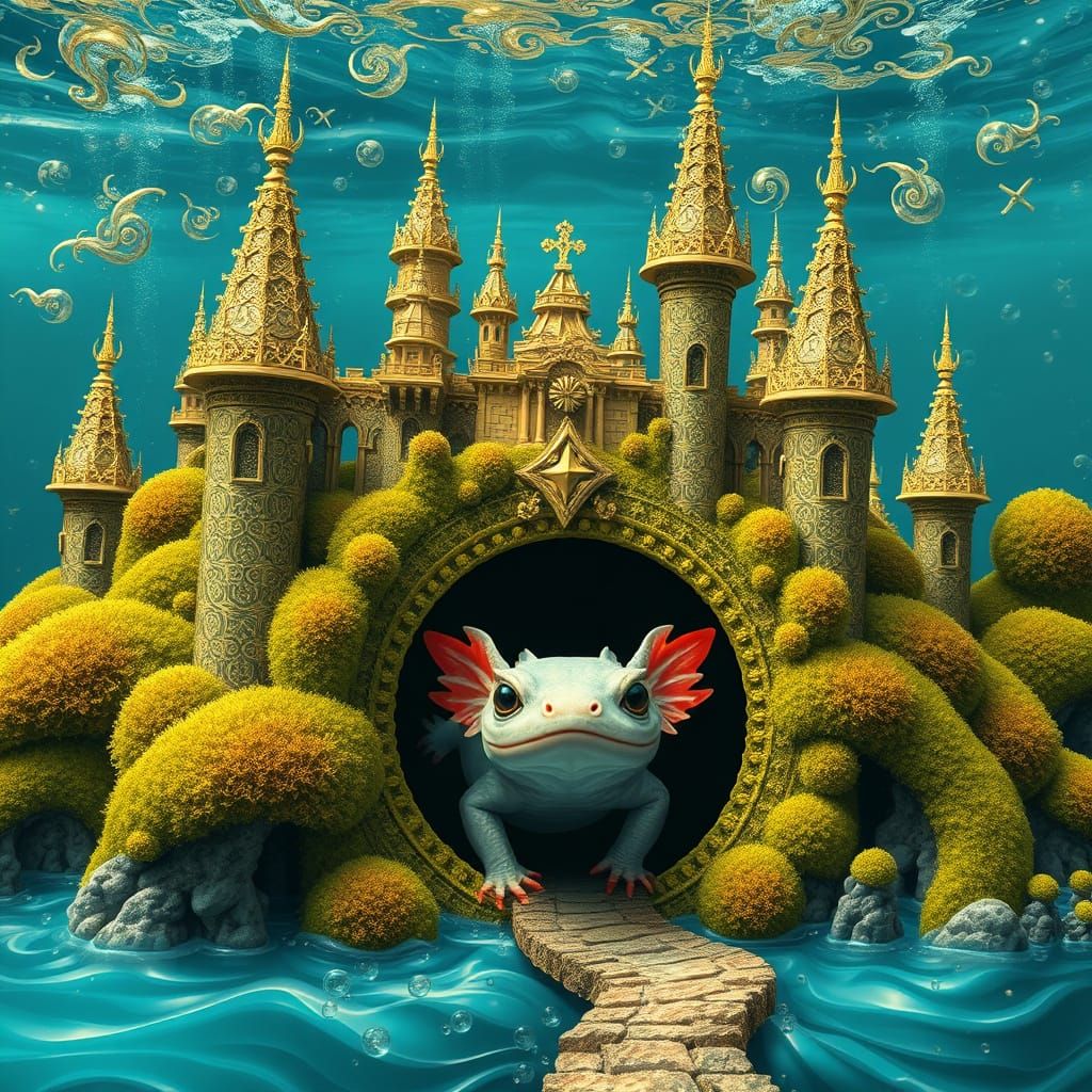 Axolotl Castle Emerging from Aquatic Vortex in Dre... - AI Art