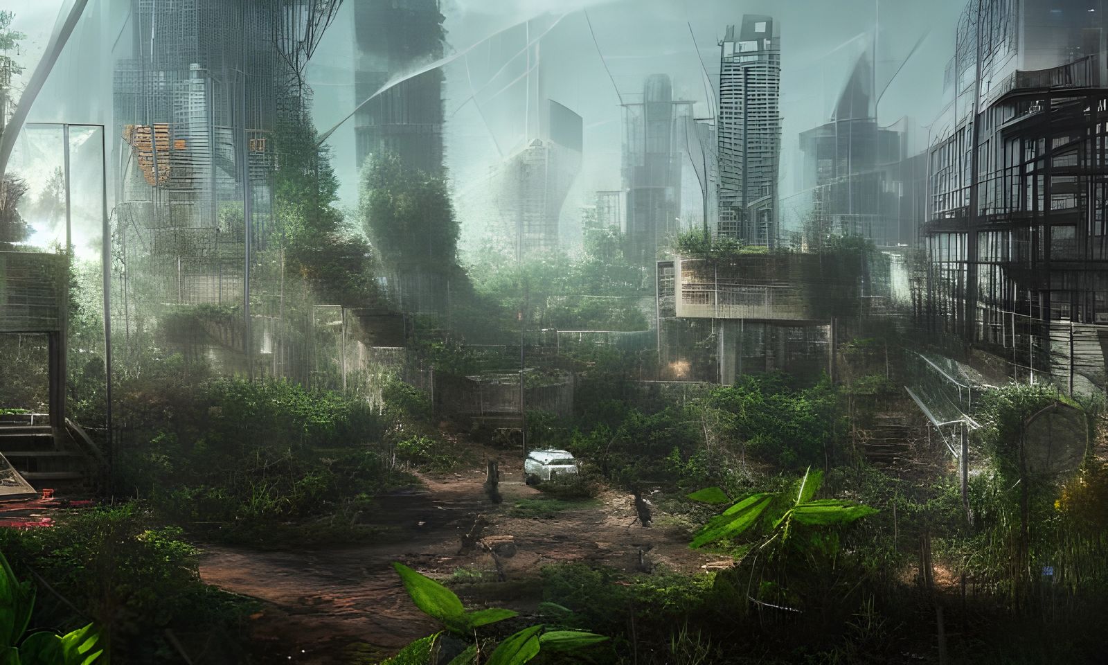 Experiments: A post-apocalyptic metropolis overgrown with plants - AI ...