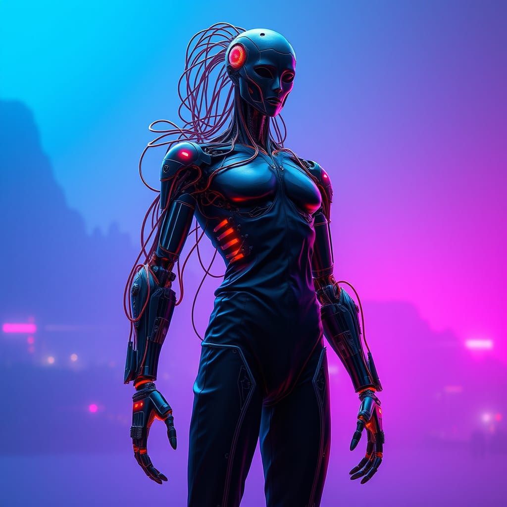 A humanoid figure with intricately detailed circuitry limbs and torso ...