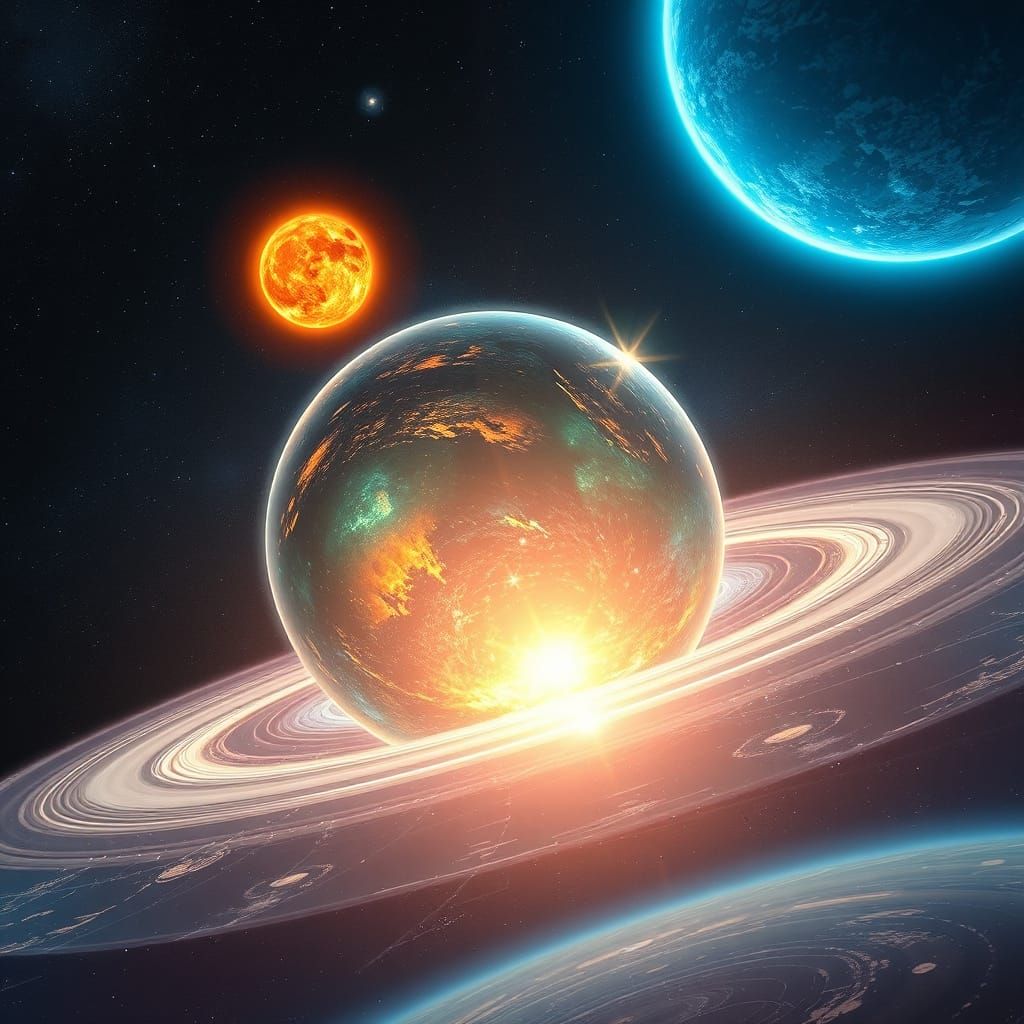 Imagine a floating planet, suspended in the vastness of space, with an otherworldly allure ...