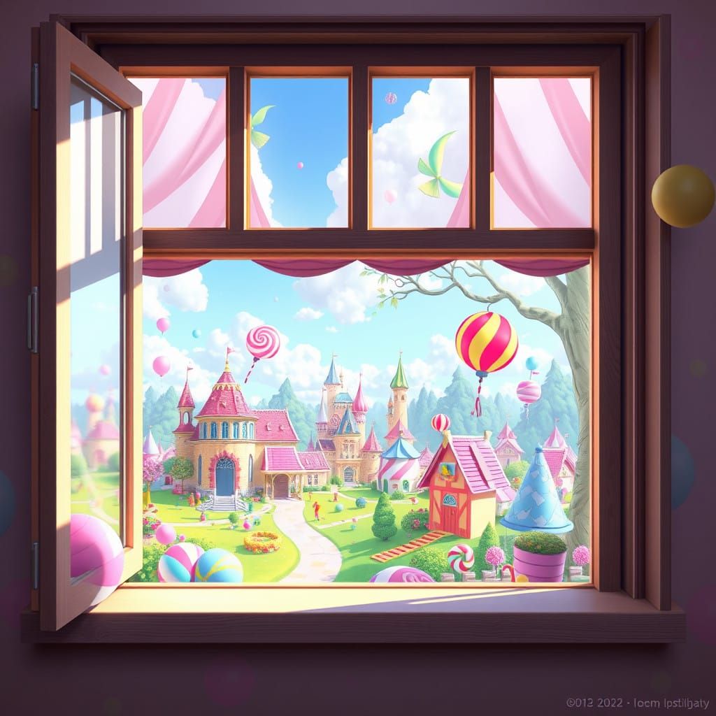 window with candy land - Whimsical Candyland View Through a...