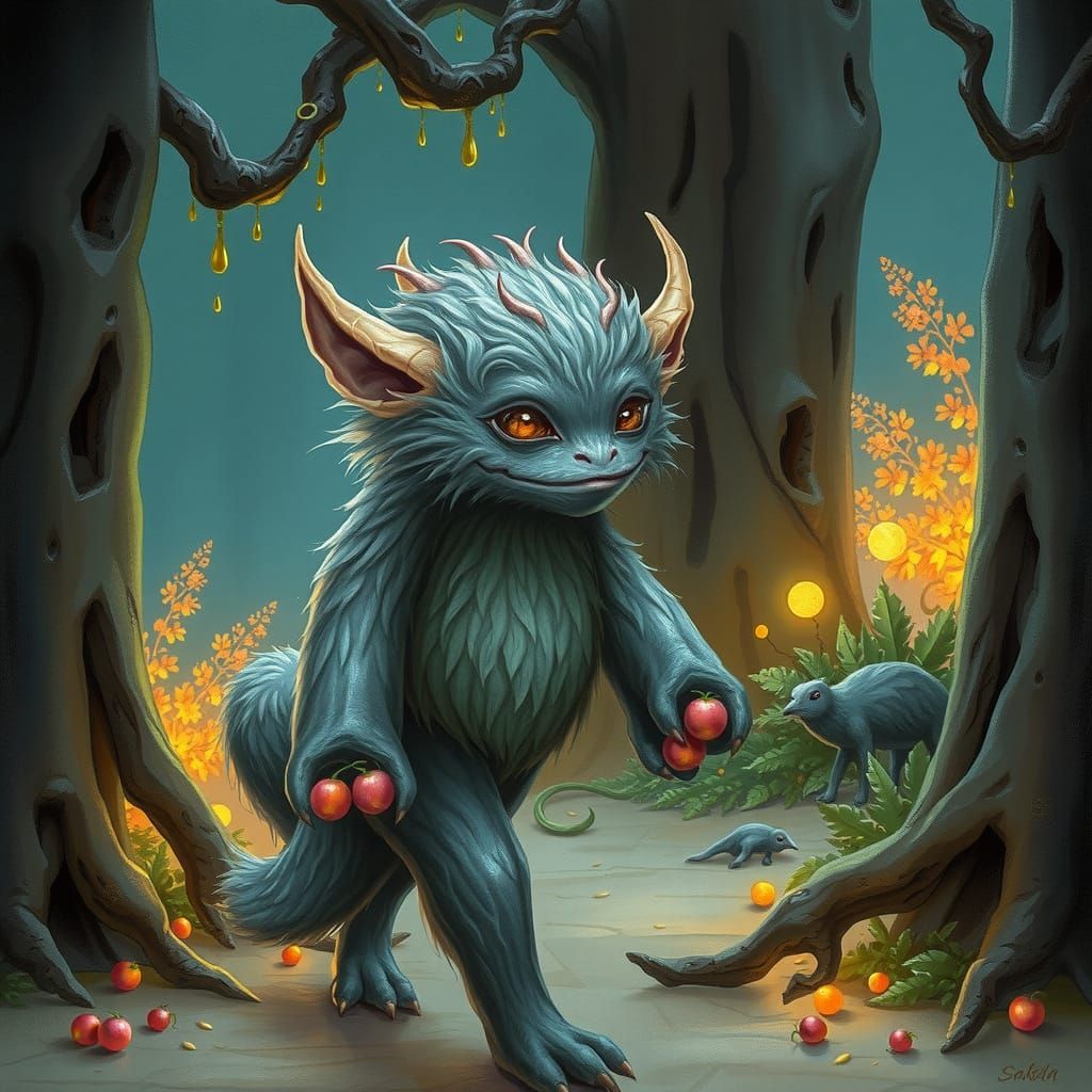 Gray Berry Monster Foo - Whimsical Gray Berry Monster in a D...