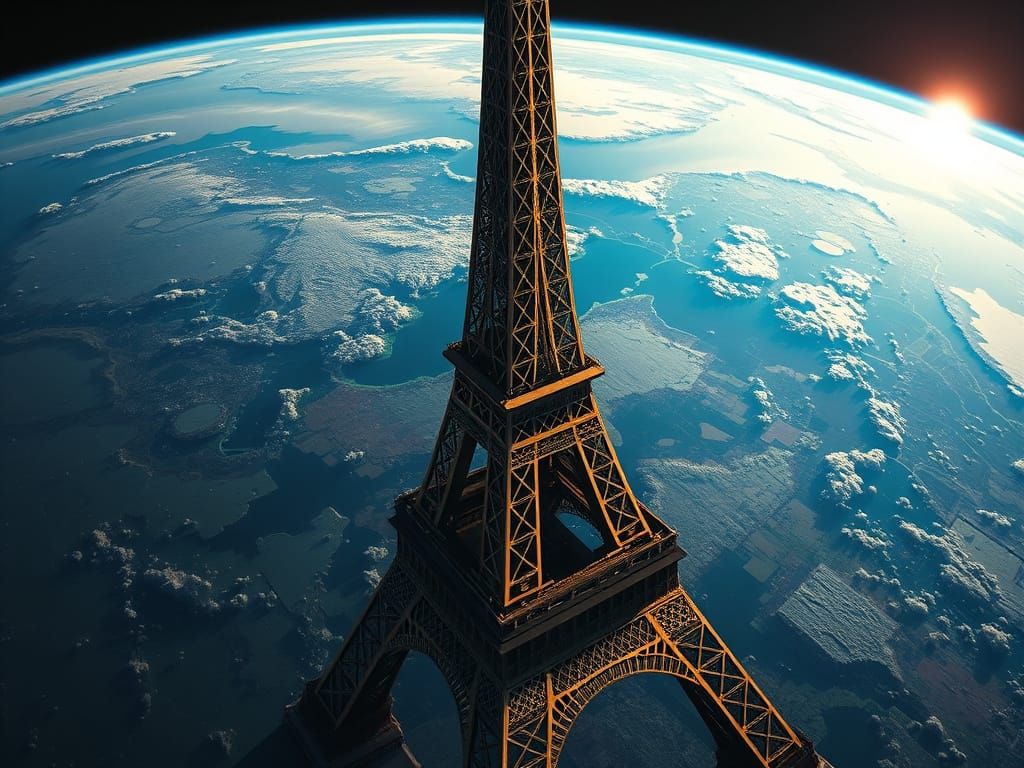 Majestic Eifel Tower in Lunar Orbit, Earthscape in... - AI Art