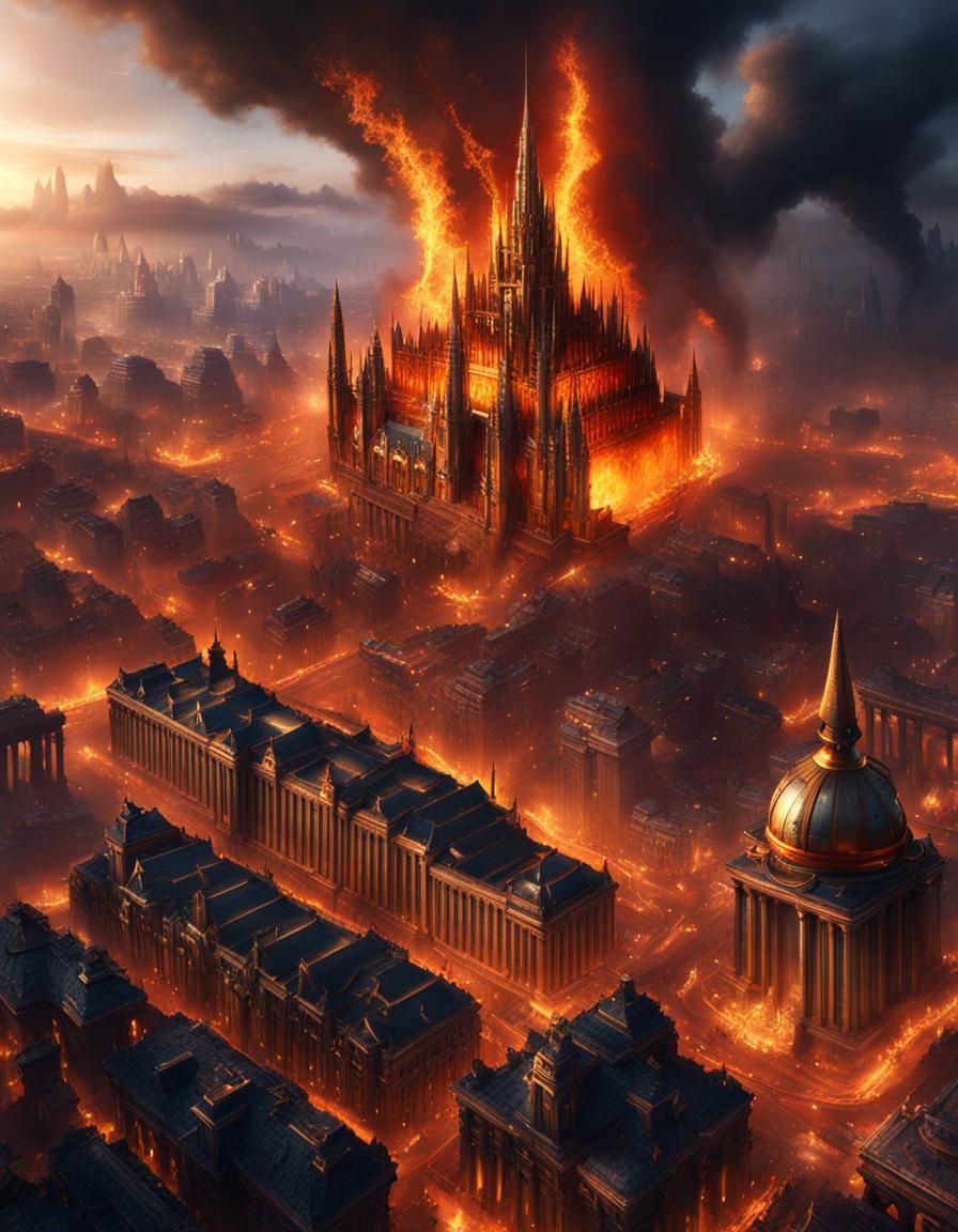City made of fire and brass, elementals of fire for people - AI ...