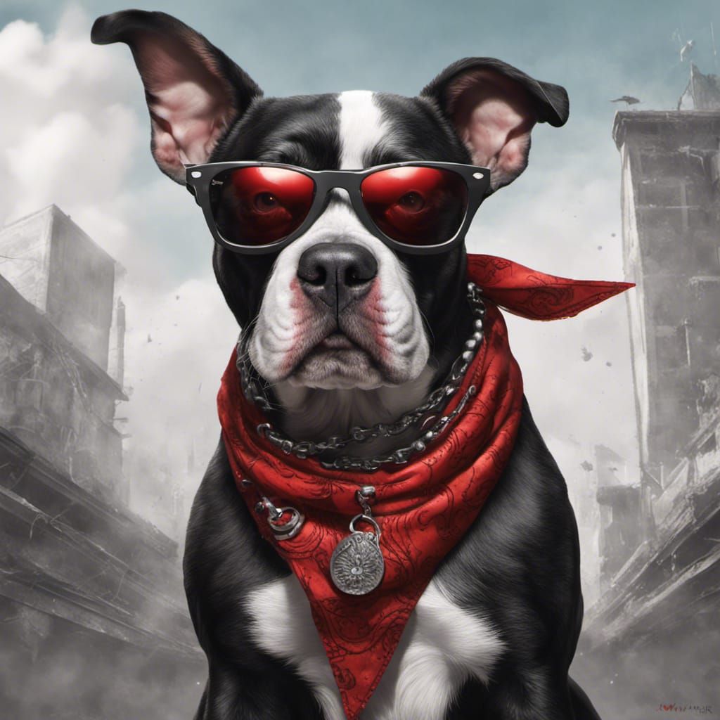 Black and white bully terrier big muscle build with red bandanna on ...