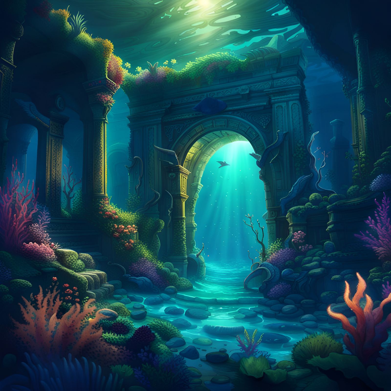 Craft an underwater realm with glowing plants, friendly sea creatures ...